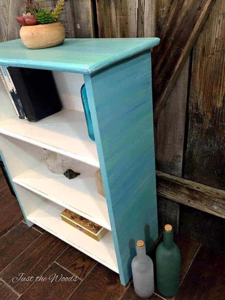Cool blues hand painted bookcase makeover by Just the Woods