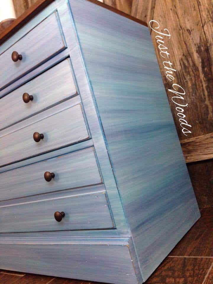 Cool blues hand painted bookcase makeover by Just the Woods