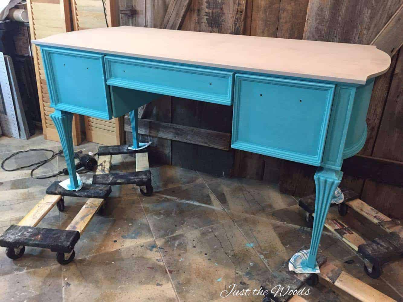 Painted Turquoise Desk with Gray Washed Top by Just the Woods