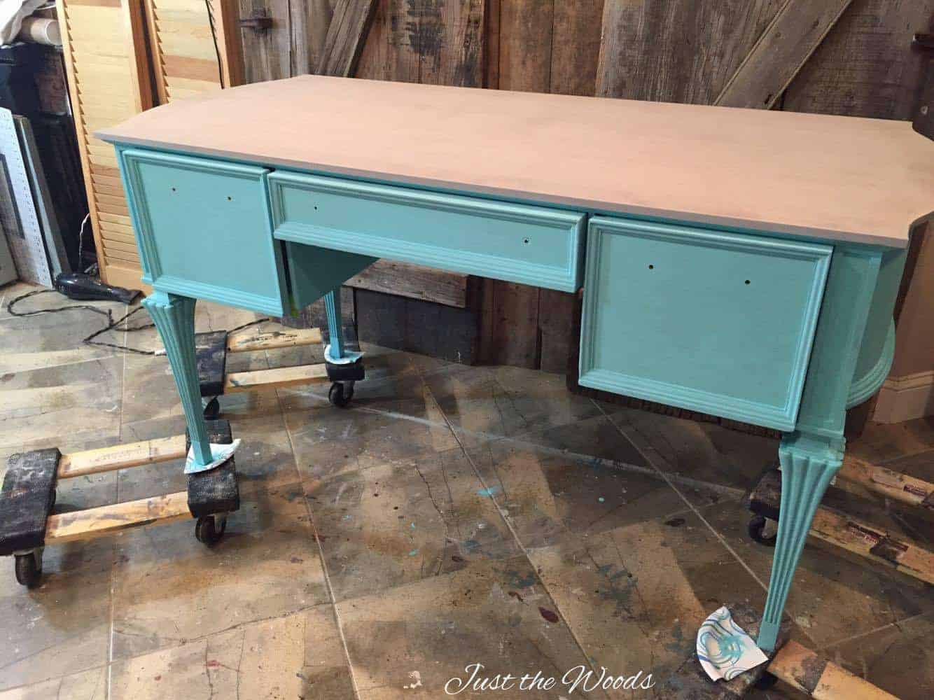 Painted Turquoise Desk with Gray Washed Top by Just the Woods