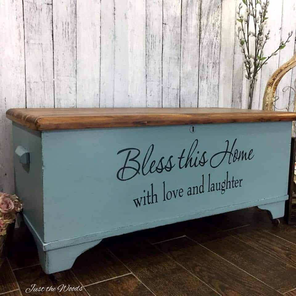 Painted Cedar Chest with Reverse Stencil by Just the Woods