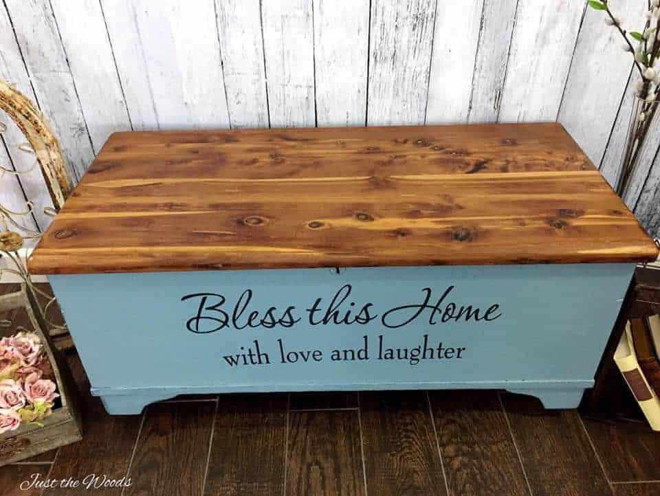 Painted Cedar Chest with Reverse Stencil by Just the Woods
