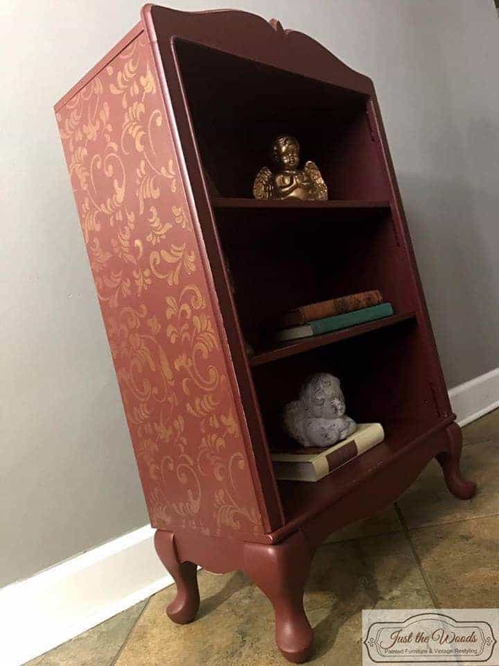 Cranberry Painted Bookcase with Added Gold Stencil
